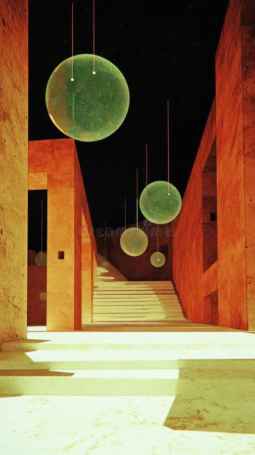 A Surreal Architectural Interior Featuring Glowing Orbs and Textured ...