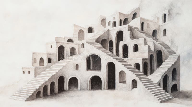 Surreal Architectural Labyrinth with Endless Staircases and Arches ...