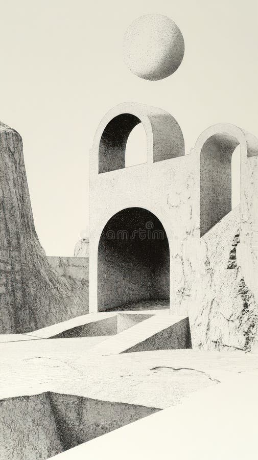A Surreal Architectural Landscape Featuring Abstract Structures and a ...