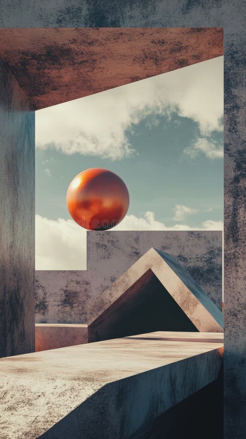 Surreal Architectural Landscape with Floating Sphere Against a Cloudy ...