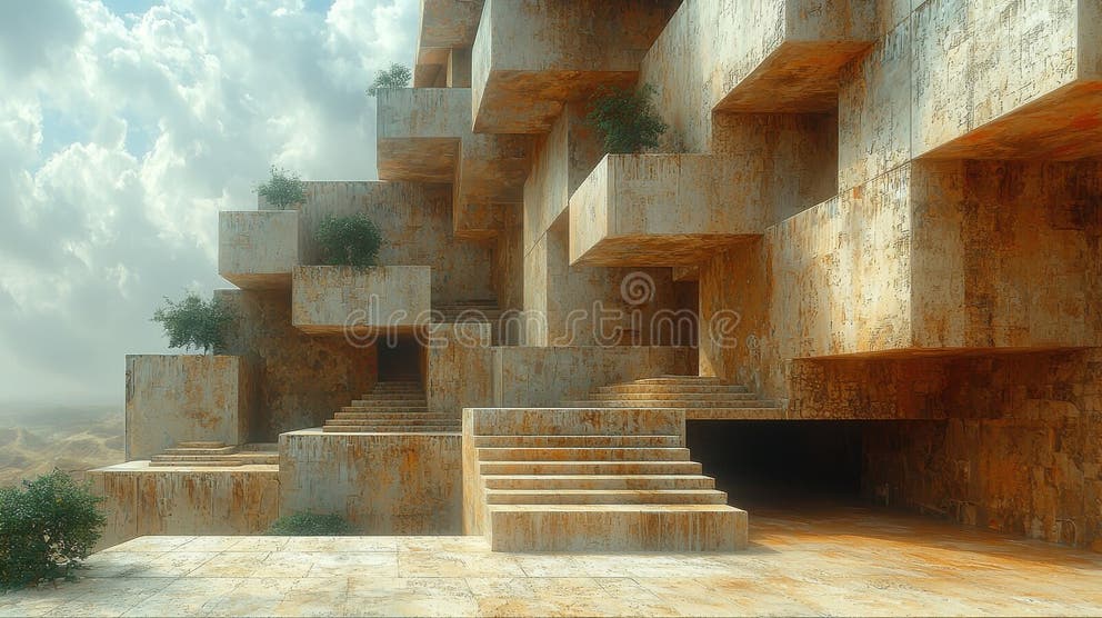 Surreal Architectural Landscape with Shifting Platforms and Greenery ...