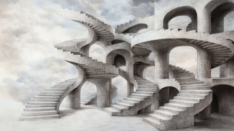 Surreal Architectural Maze of Endless Spiral Staircases Stock ...