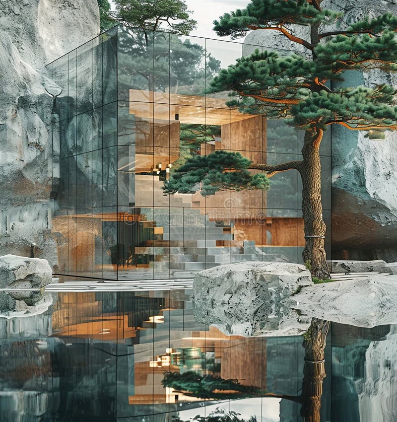 A Surreal Architectural Scene Featuring a Corridor Lined with ...