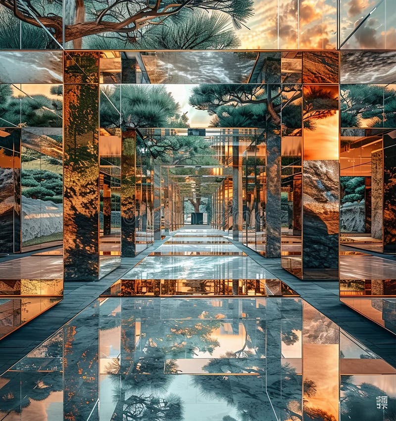A Surreal Architectural Scene Featuring a Corridor Lined with ...
