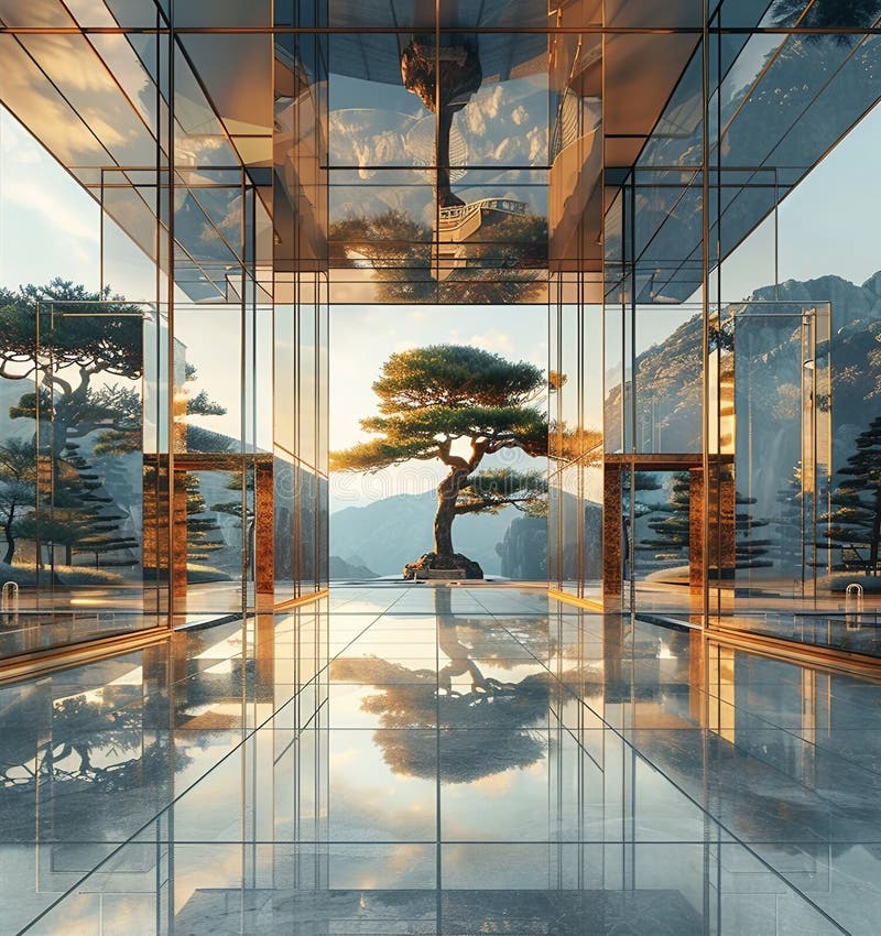 A Surreal Architectural Scene Featuring a Corridor Lined with ...