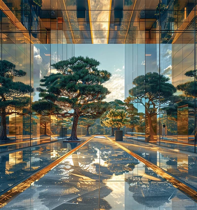 A Surreal Architectural Scene Featuring a Corridor Lined with ...
