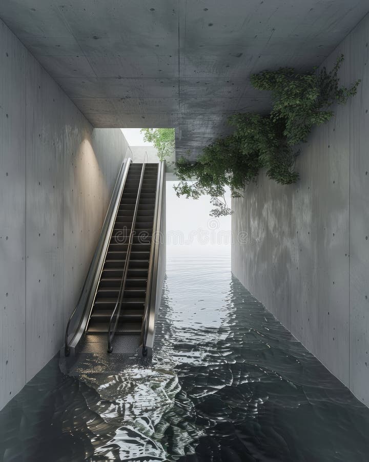 Surreal Architectural Scene with Flooded Escalator and Greenery in ...