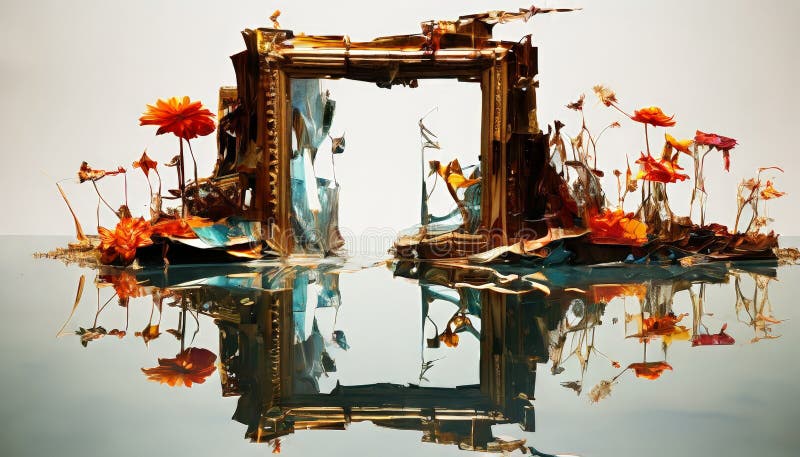 Surreal Arrangement of Flowers and Broken Frames Reflected on Water Stock Photo - Image of ...