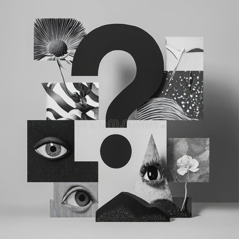 Surreal Art Collage with Question Mark and Eyes in Black and White ...