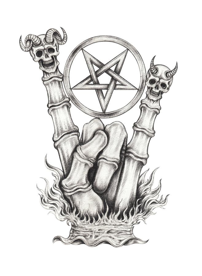 Surreal Art Devil Hand Skeleton Sign of the Horns. Stock Illustration ...