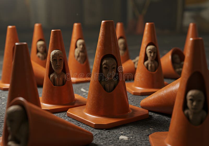 Orange Traffic Cones with Human Faces Inside Surreal Art Installation ...
