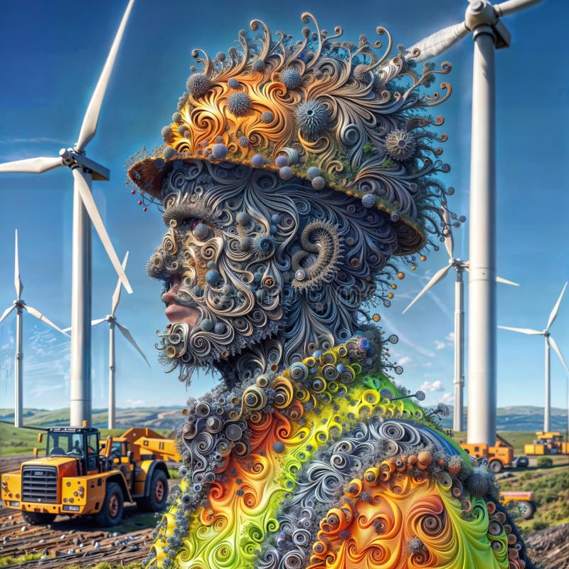 Nature & Tech: Face Meets Windmills, Generative Ai Stock Illustration ... Nature & Tech: Face Meets Windmills, Generative Ai Stock Illustration ...