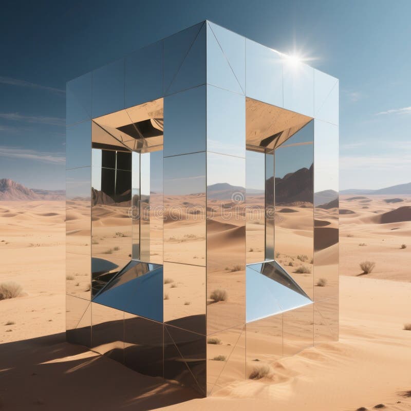 Artistic Mirror Cube in Vast Desert Stock Illustration - Illustration ...