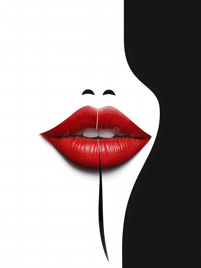 Surreal Image Featuring Vibrant Red Lips Against a Black and White ...