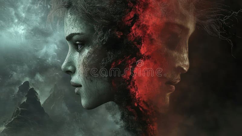 A Surreal Artwork Depicting Two Faces Merging with Dark and Fiery ...