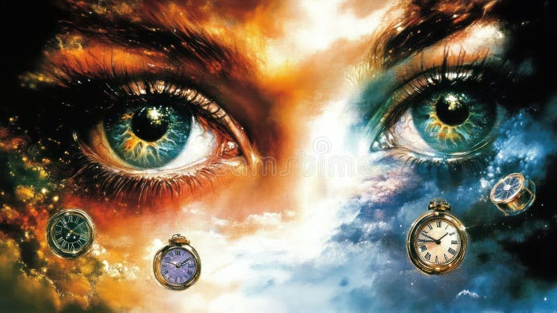 Surreal Artwork Featuring Expressive Eyes and Floating Clocks ...