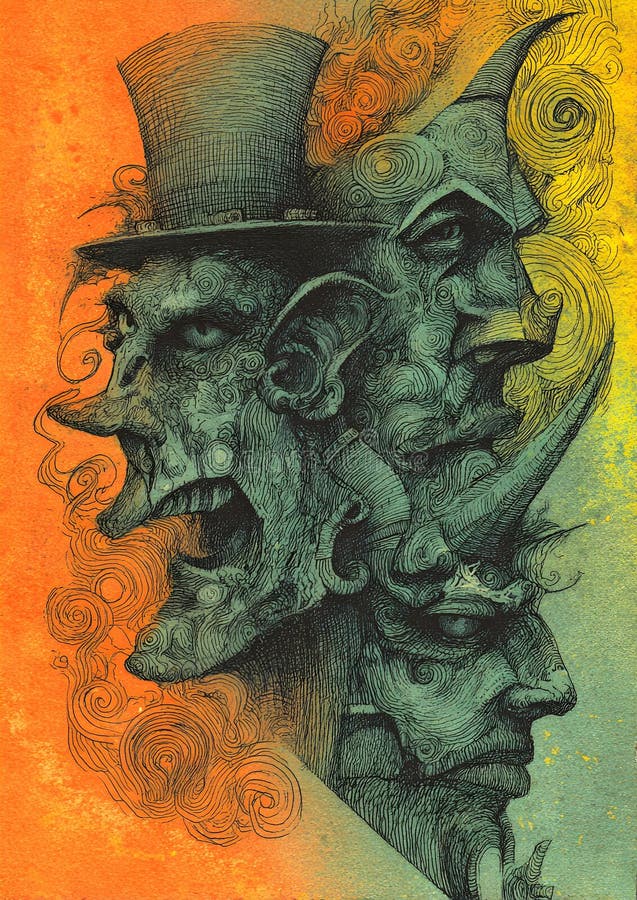 Surreal Artwork Featuring Multiple Faces Stock Illustration ...