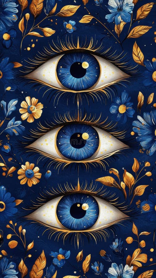 Surreal Eyes with Floral Patterns in Dark Blue and Gold Tones Stock ...