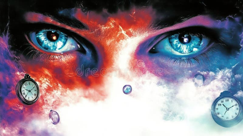 Surreal Artwork Featuring Vibrant Eyes Amidst Clouds and Clocks ...