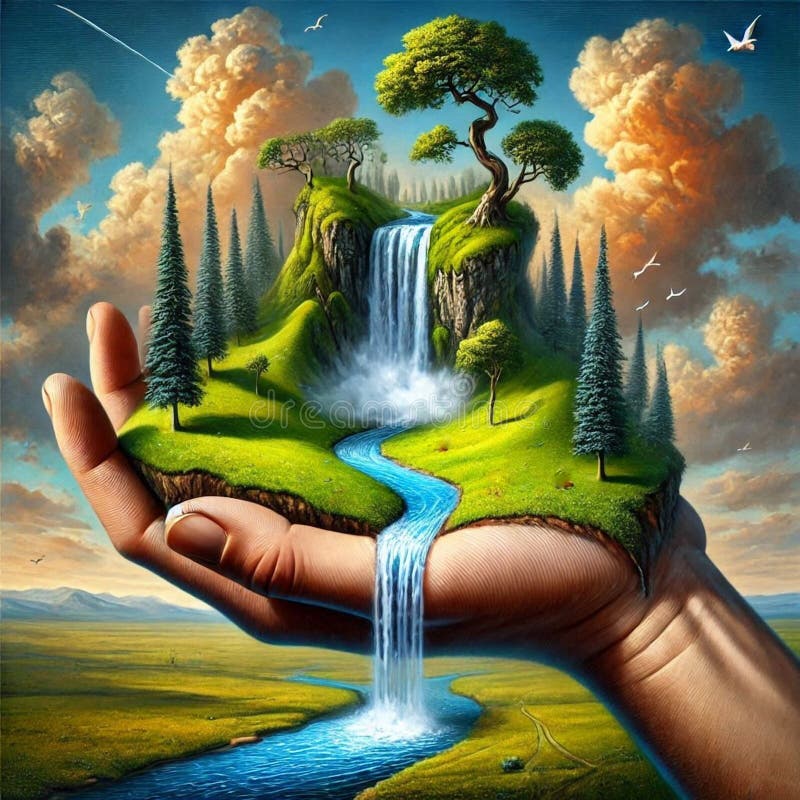 Surreal Artwork of a Hand Holding a Miniature Landscape with a ...