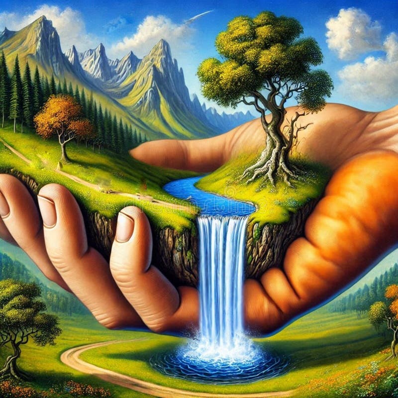 Surreal Artwork of a Hand Holding a Miniature Landscape with a ...