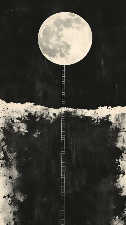 Surreal Artwork of a Ladder Reaching the Moon, Black and White, Night ...