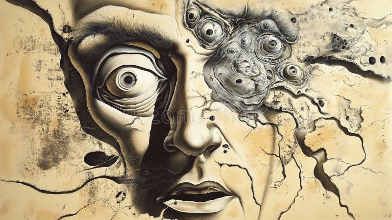 Expression of Surrealism with a Distorted Face Surrounded by Abstract ...