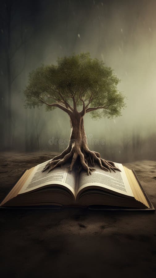 Surreal Tree Emerging from an Open Book Stock Photo - Image of book ...