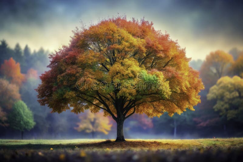 A Surreal Autumn Dance a Multicolored Minimalist Tree in Vibrant Fall ...