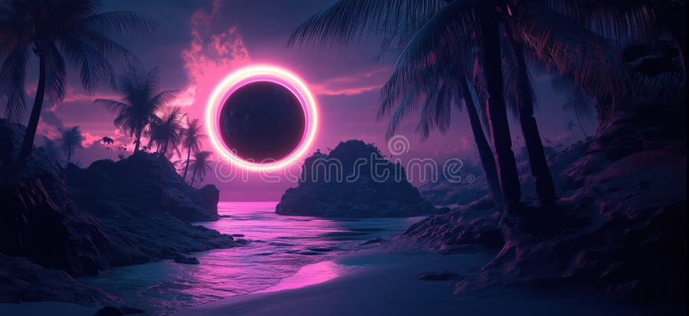 Surreal Beach Landscape with Glowing Eclipse and Palm Trees at Twilight ...