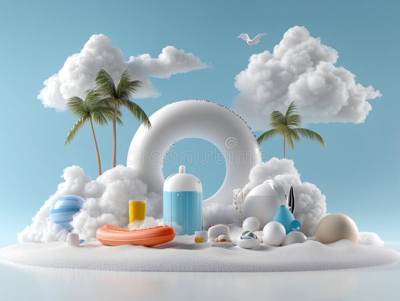 Surreal Beach Scene with Clouds Palms and Playful Objects on Sandy ...