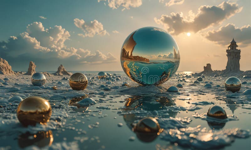 Surreal Beach Scene Features Large, Reflective Sphere Surrounded by ...