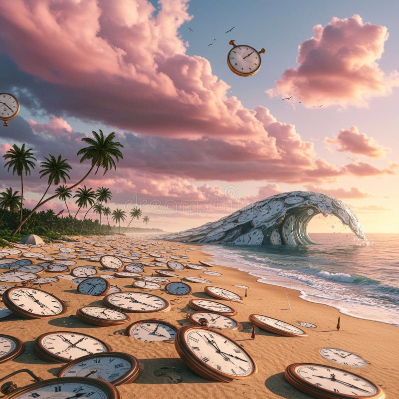 Surreal Beach Scene Featuring Numerous Clocks Scattered on the Sand and Embedded Stock ...