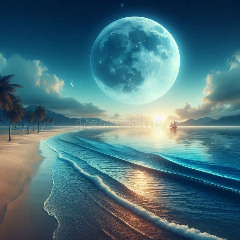 A Surreal Beach Scene with a Massive Moon Hovering Over the Horizon ...
