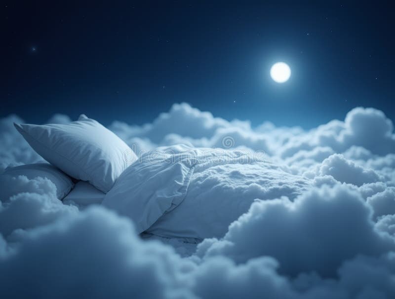 Surreal Bed in a Dreamy Cloudscape Under Moonlit Sky Stock Image ...