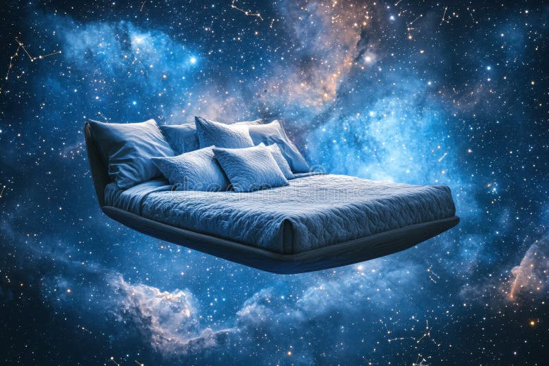 Surreal Bed Floating in Stardust Galaxy - Dreamlike Cosmic Sleep Stock ...