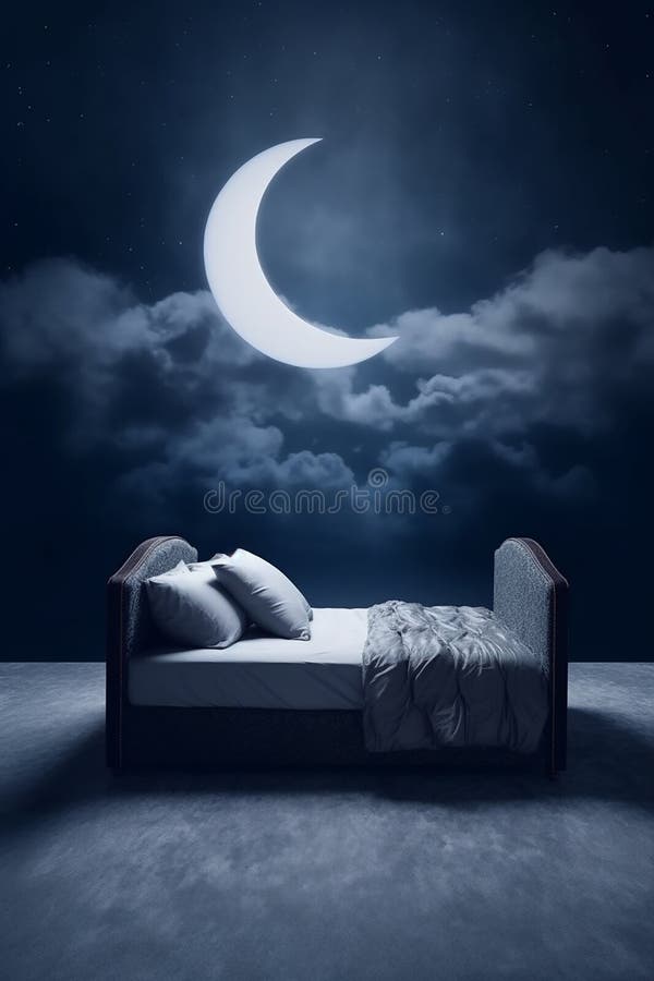 A Surreal Bedtime Scene with a Crescent Moon, Bedroom Stock ...