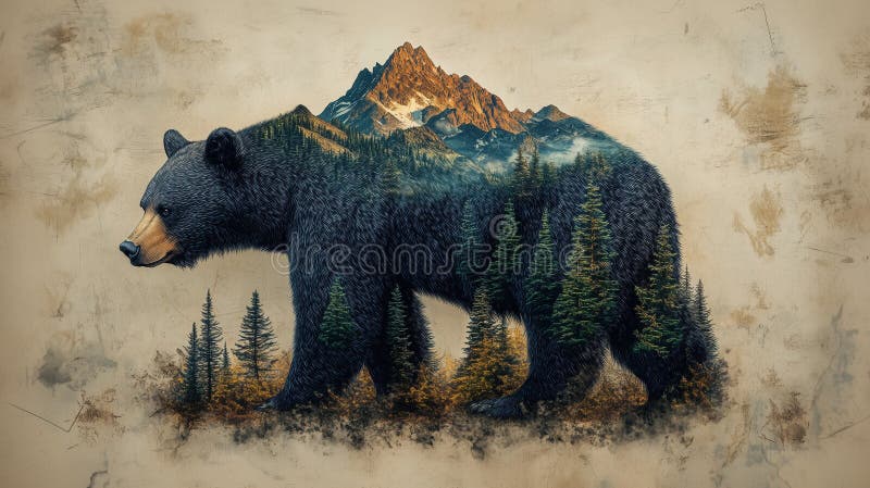Surreal Black Bear with Mountain and Forest on Its Back, Blending ...