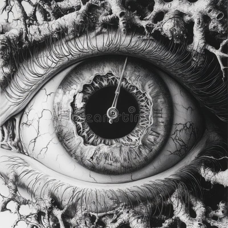 Eye Encased in Textured Cracks with Clock Design Stock Photo - Image of ...