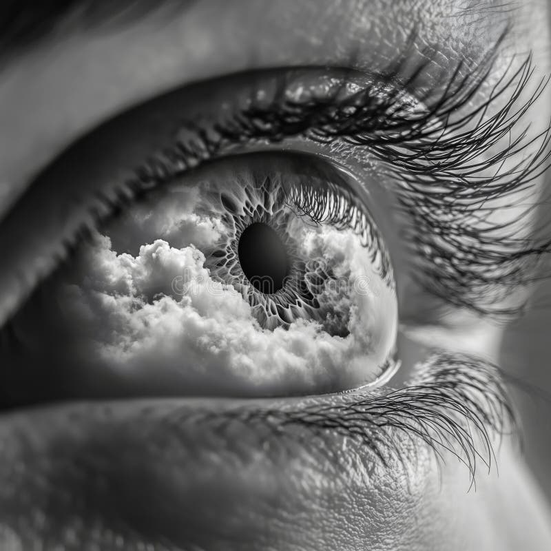 Surreal Black and White Eye with Cloud Reflection in Iris Stock Photo ...