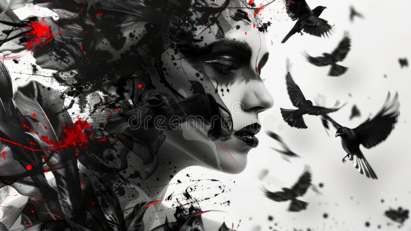 Surreal Black and White Portrait with Ravens and Red Splashes Stock ...
