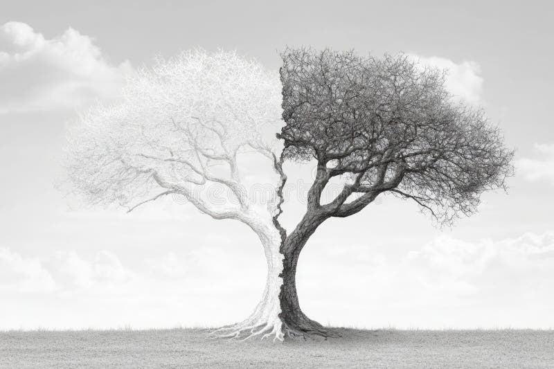 Surreal Black and White Tree Symbolizing Duality and Balance in Nature ...
