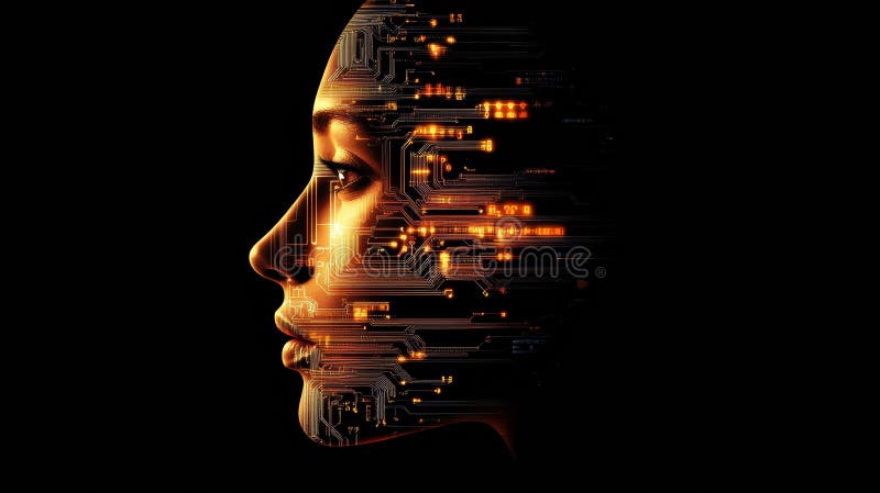 Human Face Seamlessly Merges with Glowing Digital Circuits Creating a ...