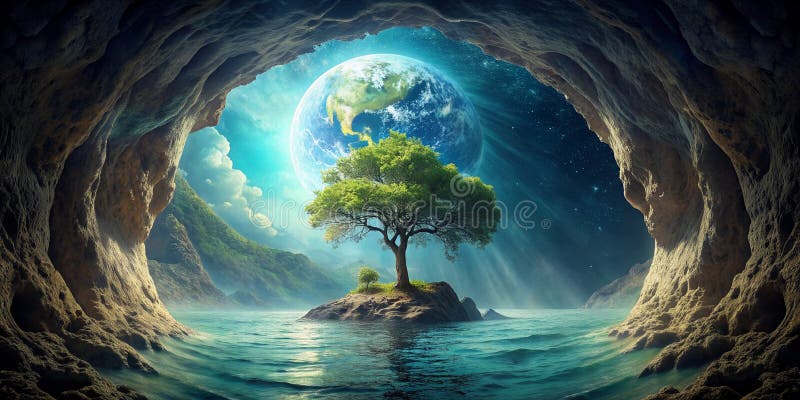 Surreal Blend Nature Planet Where Wisdom Tree Mysterious Cavern Beneath ...