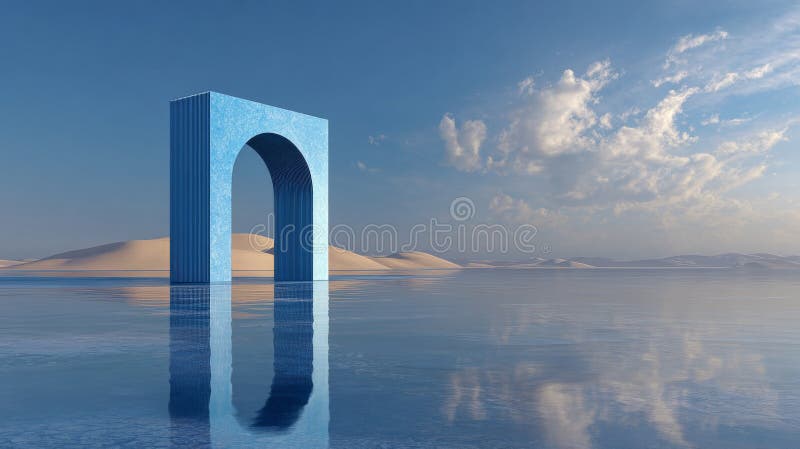 Surreal Blue Arch Reflecting in Calm Desert Lake Under a Bright Cloudy ...