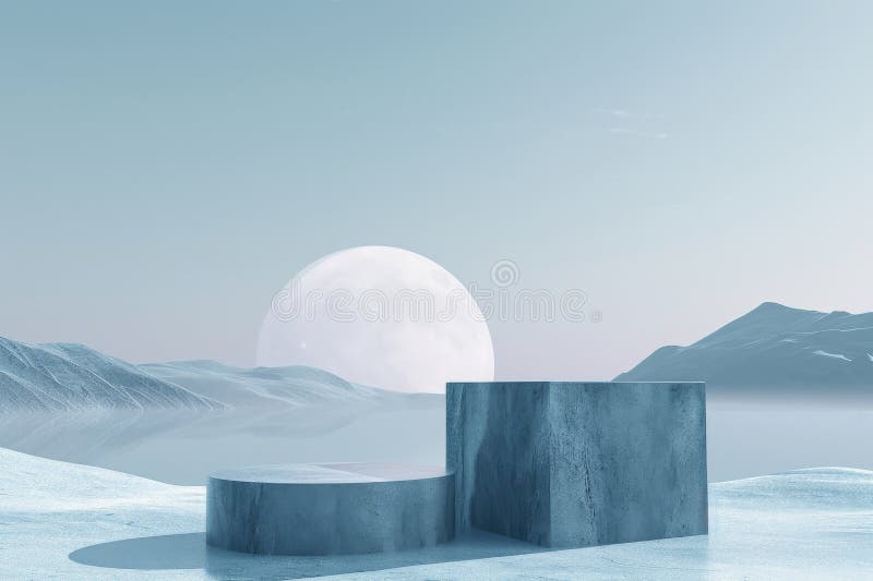 Surreal Blue Landscape with Geometric Concrete Structures and Moon ...