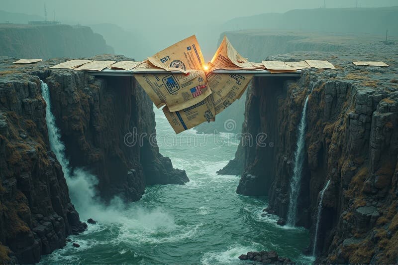 Surreal Book Bridge Spanning Misty Canyon with Waterfalls and Overcast ...