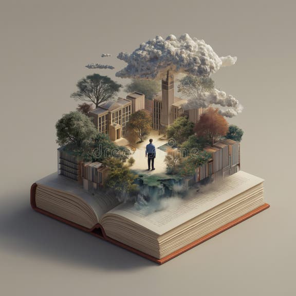 Surreal Book Concept with Man, Trees, and University Buildings Knowledge and Imagination ...