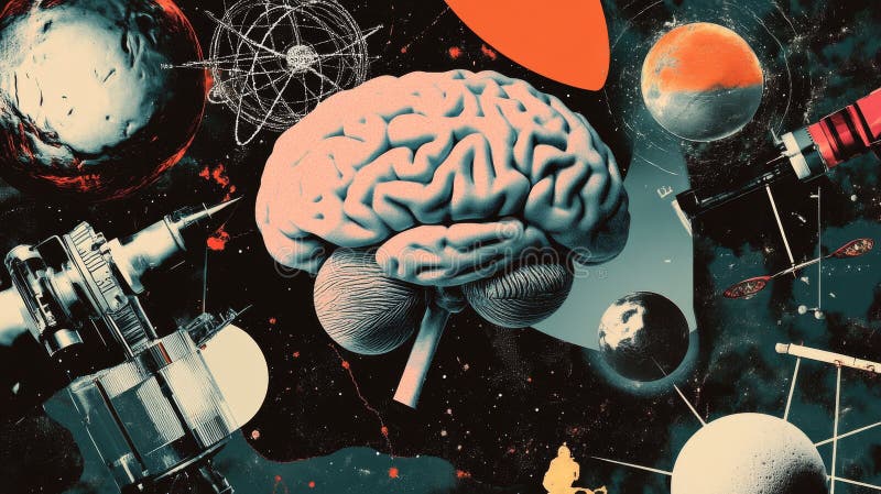 Surreal Brain and Cosmic Objects in Dark Space Stock Image - Image of ...