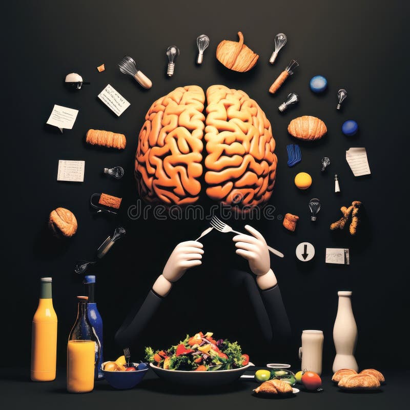 Surreal Brain with Food Elements and Colorful Items Stock Illustration ...
